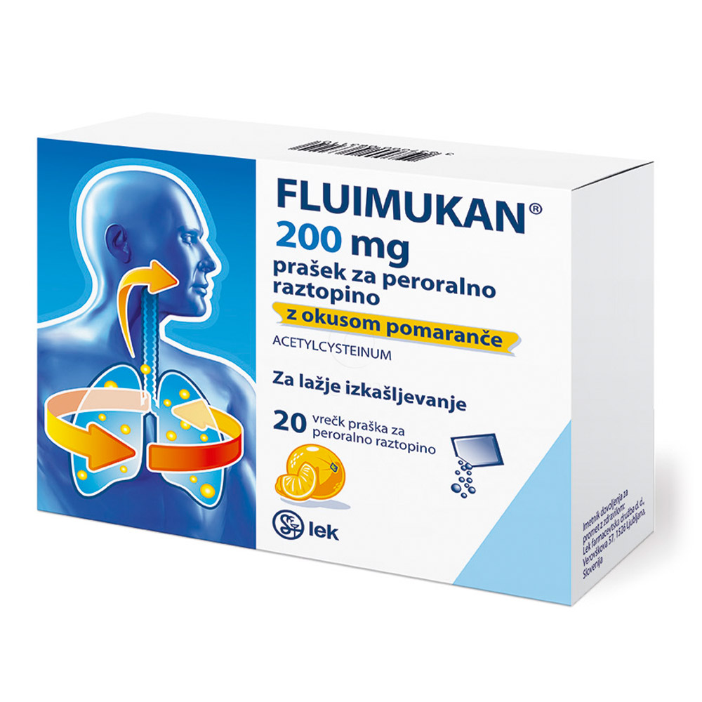 Fluimukan 200 mg, 20 vrečk z okusom pomaranče | Lekarnar.com